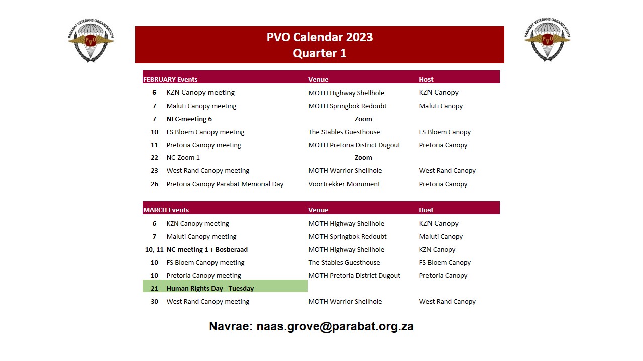 CALENDAR – Parabat Veterans Organisation