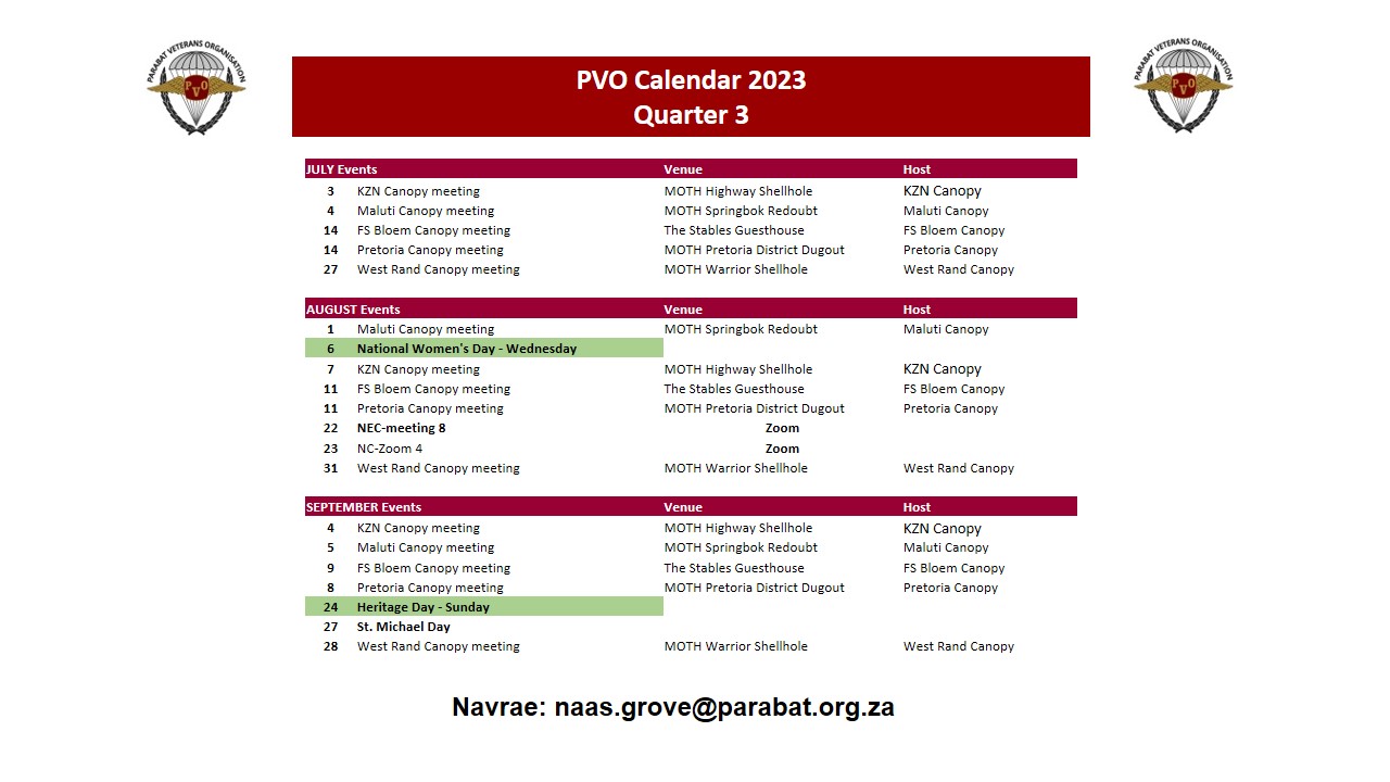 CALENDAR – Parabat Veterans Organisation